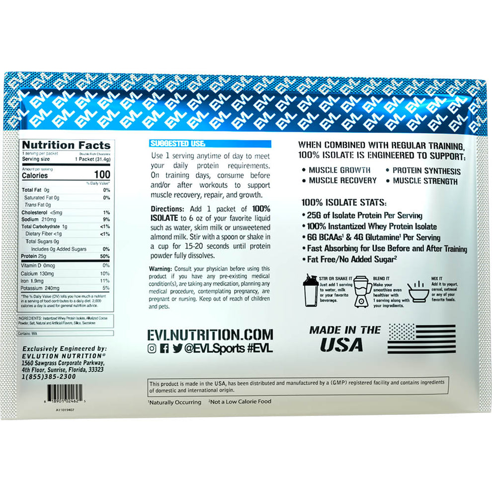 100% Isolate Double Rich Chocolate Sample Packet – EVLUTION NUTRITION